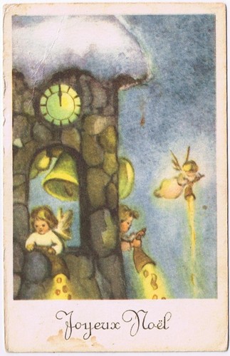 Postcard Joyeux Noel Merry Christmas Angels In Bell Clock Tower | eBay