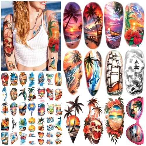 77 Sheets Temporary Tattoo for Women and Men, 17 Sheets Beach Ocean ...