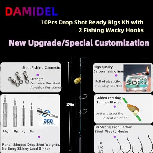10Pcs Drop Shot Ready Rigs Kit with 2 Fishing Wacky Hooks,No Snag 1/5oz ...