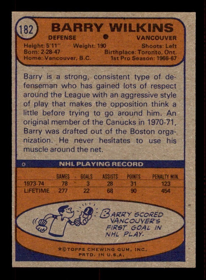 1974 Topps Hockey #182 Barry Wilkins EX/MT | eBay
