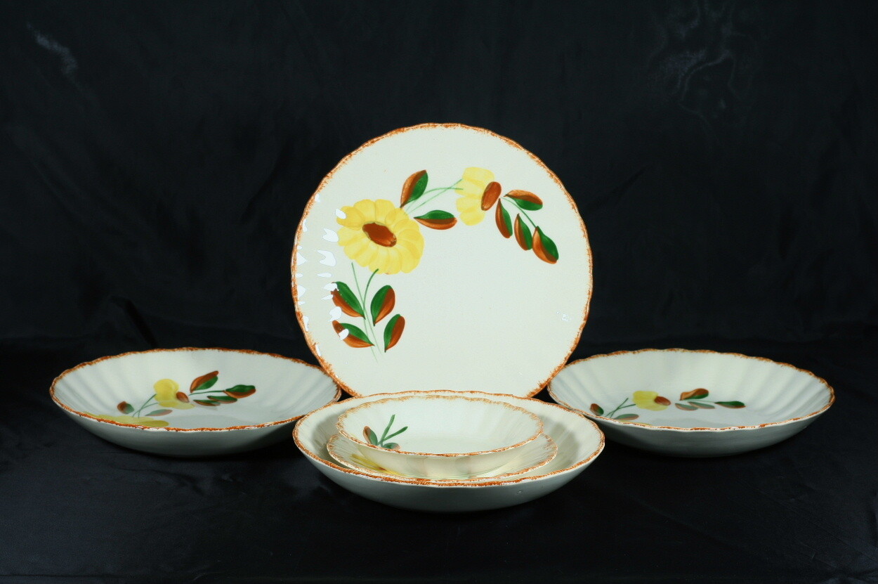 BLUE RIDGE POTTERY COUNTRY ROAD YELLOW FLOWER-3 SOUP, 1 BERRY, 1 SAUCER ...