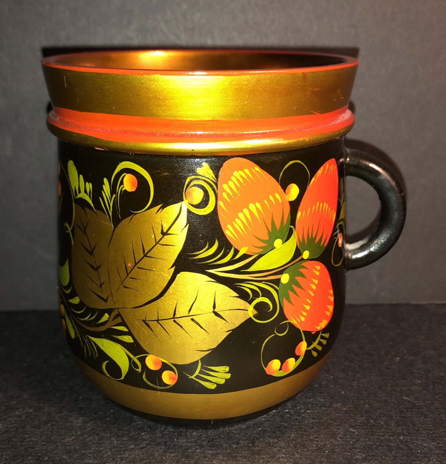 Russian Khokhloma Hand Painted Lacquer Wooden Mug/Cup Folk Art Made In ...