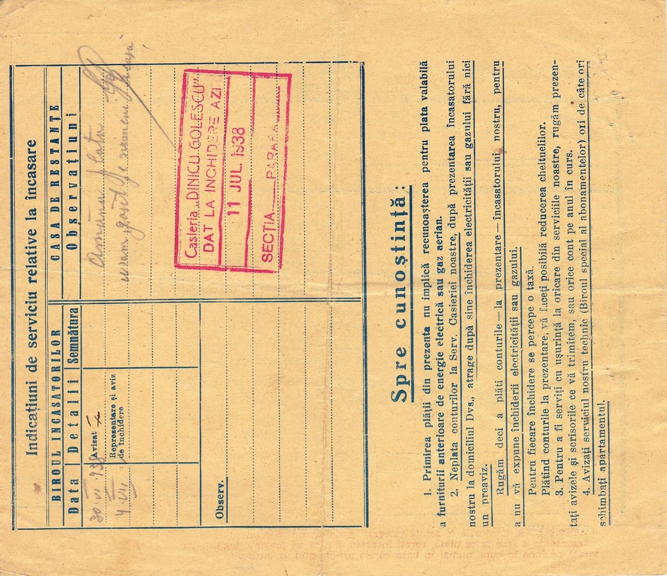 Romania, 1938, Bucharest Gas & Electricity Company, Bill / Receipt ...