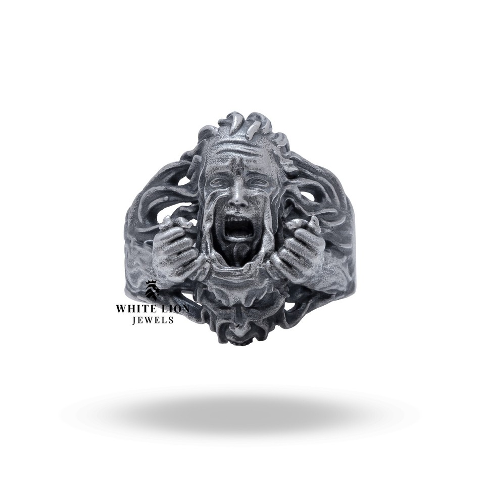 Scream Mask Transformation 925 Oxidized Sterling Silver Men's Biker ...