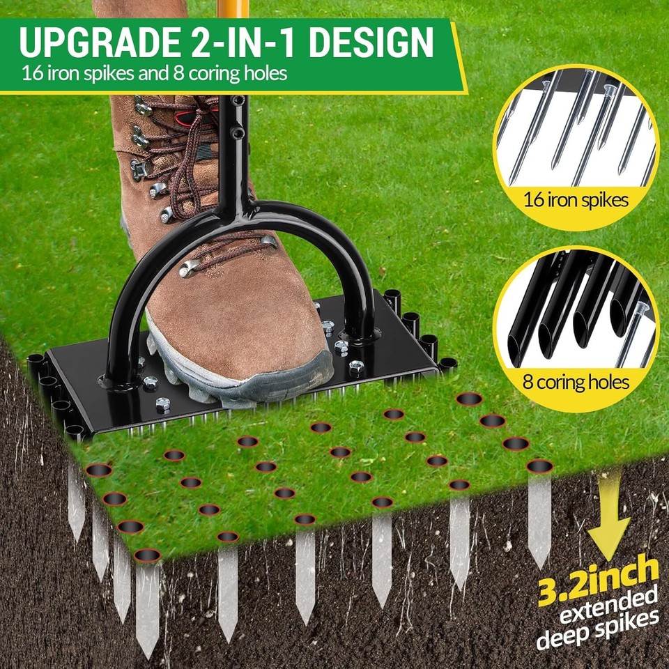 2-in-1 Manual Lawn Aerator Tool w/ 16 Spikes & 8 Cores Grass Soil Care ...