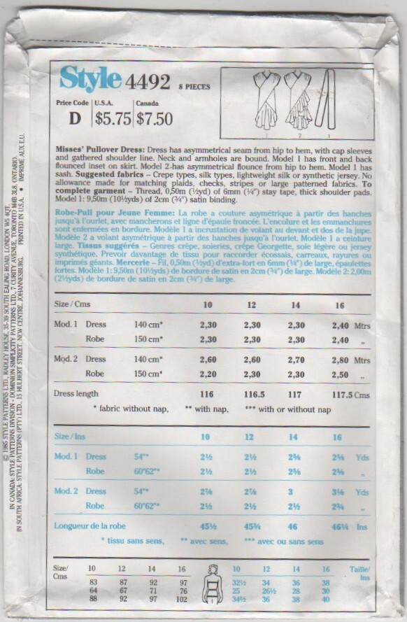 Style 4492 80s Janice Wainwright Asymmetrical Dress Sewing Pattern Size ...