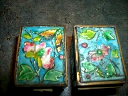 ANTIQUE CLOISONNE BRASS CHINESE STAMP BOX PAIR AQUA ENAMEL FLORALS 1900 ...