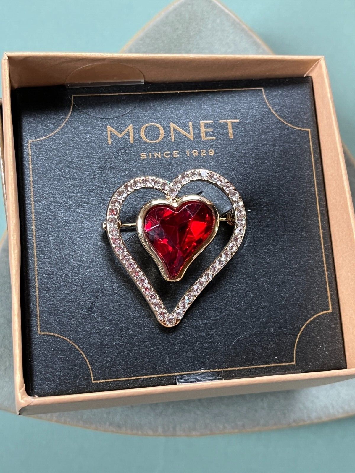 Estate Monet Goldtone w Jelly Red Heart Shaped Cab & … - Gem