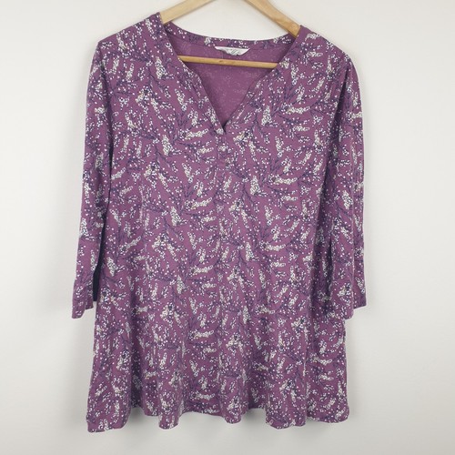 Seasalt Cornwall Risso Top Womens UK 16 Purple Floral Tunic V Neck 3/4 ...