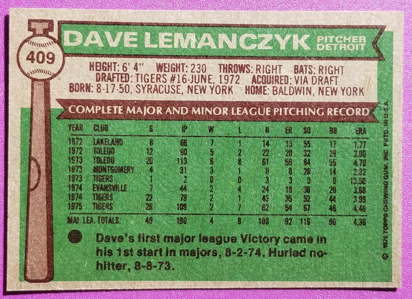1976 Topps Baseball Card #409 Dave Lemanczyk - VG | eBay