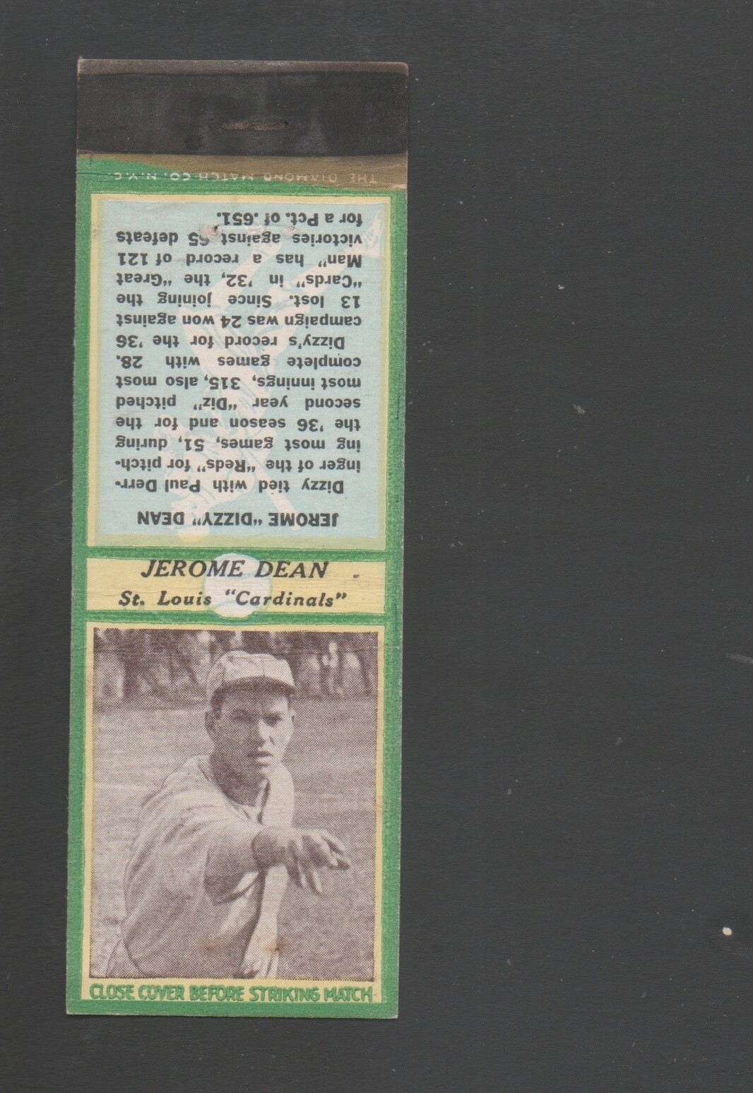 1935-36 Diamond Baseball Matchcover #44 Jerome "Dizzy" Dean-St Louis ...