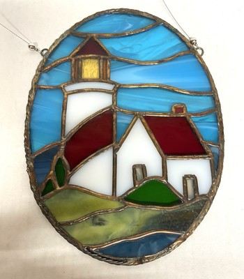 Vintage Stained Glass Window Hanger Lighthouse Green Blue Red ...