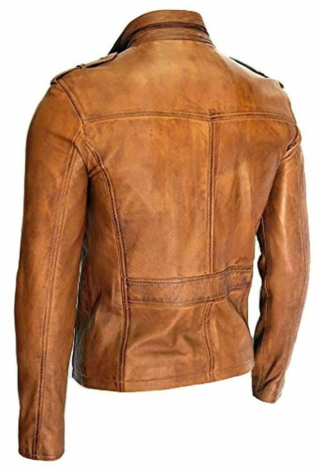 Men's Motorcycle Real Lambskin Tan Brown Leather Distressed Moto Biker ...