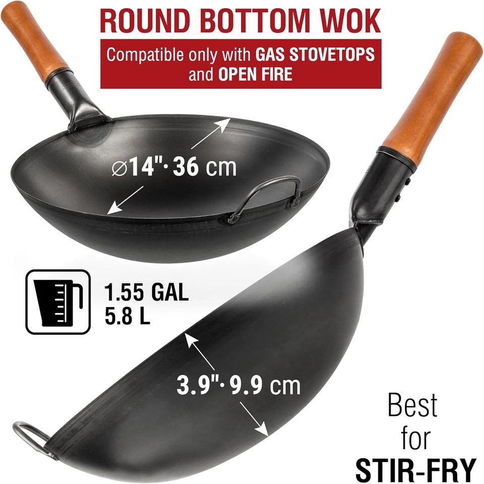 NEW YOSUKATA 36cm Carbon Steel Wok Round Bottom Pre-Seasoned Kitchen ...