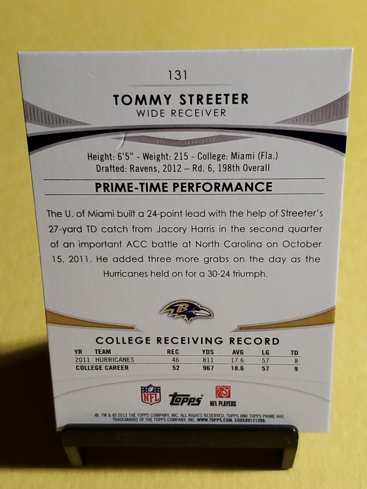 2012 Topps Prime #131 Tommy Streeter RC Baltimore Ravens | eBay