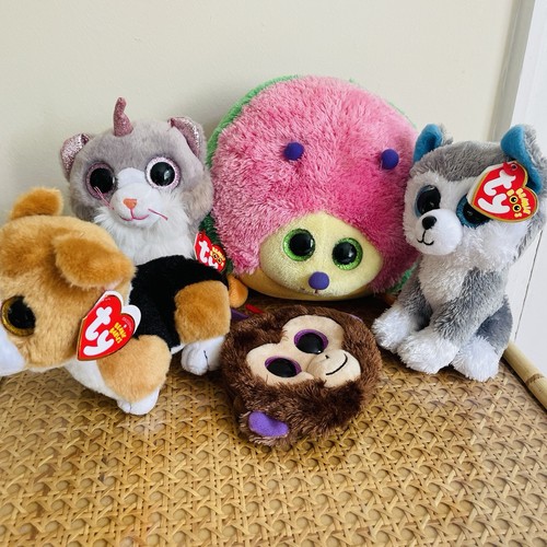 Ty Beanie Boo Bundle Plush Toys x 5 - Bee Dog Cat Monkey - Colin Slush ...