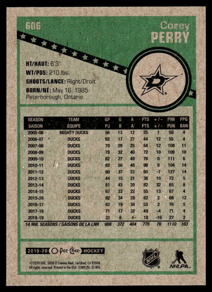 2019-20 Upper Deck #606 Corey Perry Dallas Stars OPC Update Retro ...