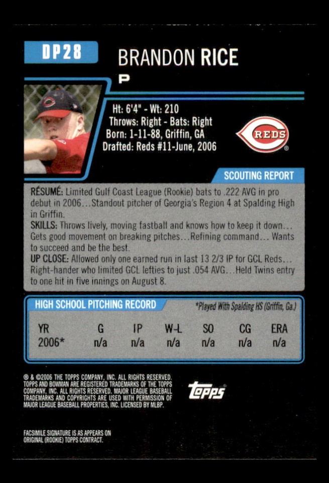 2006 Baseball Bowman 1st Card Brandon Rice Cincinnati Reds #DP28 Blue ...