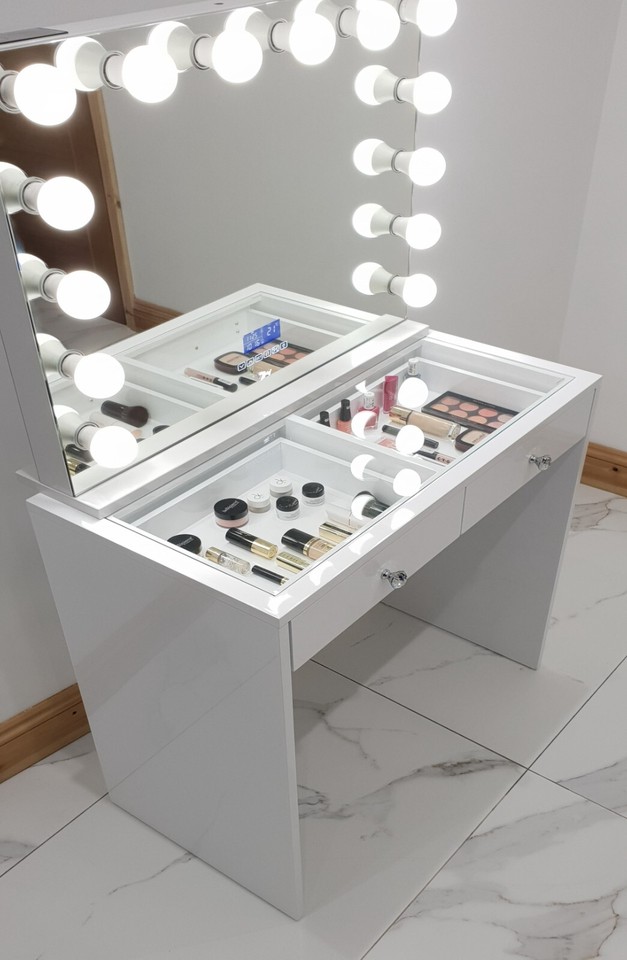 Dressing Table Vanity Station Clear Tempered Glass Top High-Gloss Pro ...