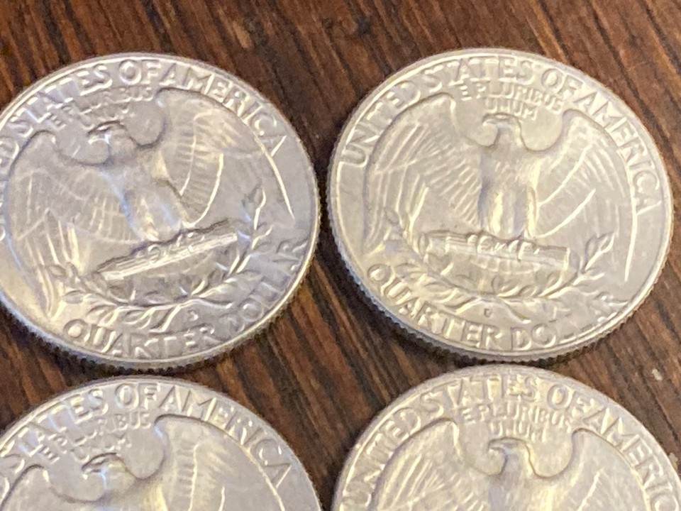 1964 -FOUR (4) WASHINGTON .90 SILVER QUARTERS 25c GLOSSY US COINS NO R ...