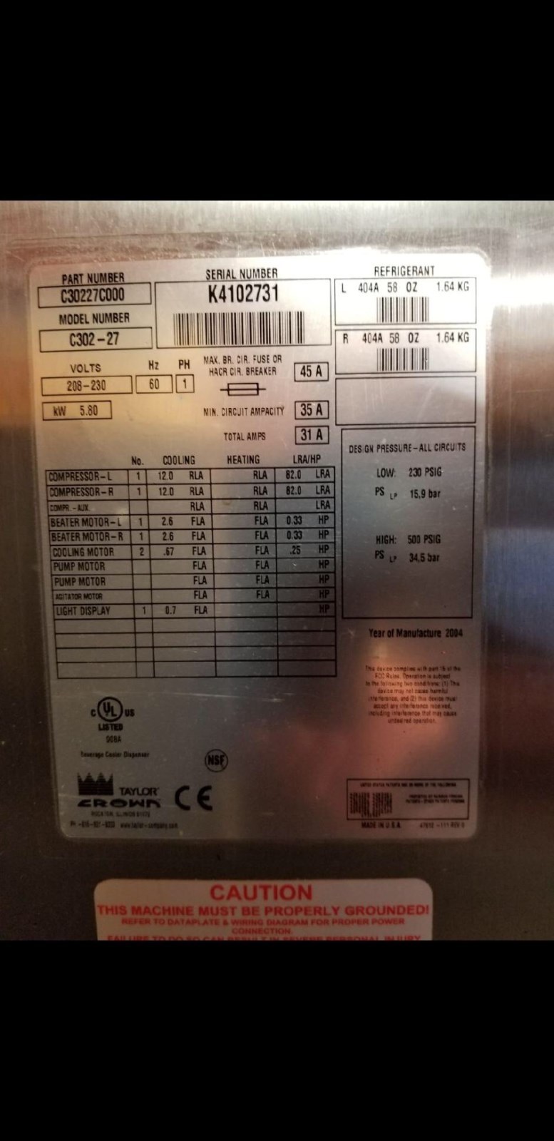 Taylor Crown Cool Chiller Slushy Machine - Model: C302-27 | eBay