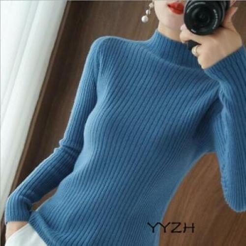 Sweater Women Half High Neck Knitting Pullovers Solid Warm Fit Slim ...