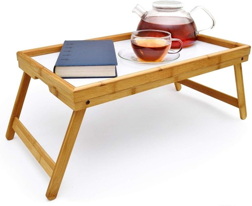 Bamboo Lap Tray With Folding Legs & White Top Dinner Breakfast Serving ...