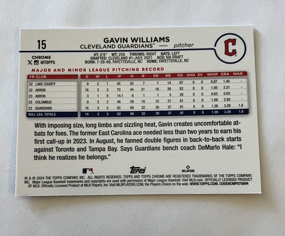 Gavin Williams 2024 Topps Chrome Rookie Card #15 Cleveland Guardians RC ...