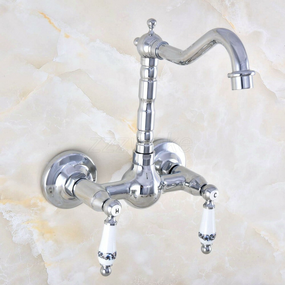 Polished Chrome Wall Mounted Dual Ceramic Handles Bathroom Basin Sink ...