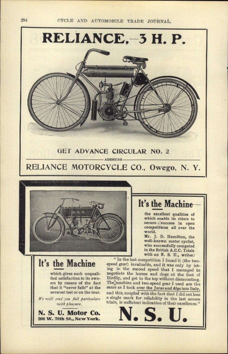 1908 PAPER AD CAR AUTO Reliance Motorcycle Owego NY N. S. U. Motor ...