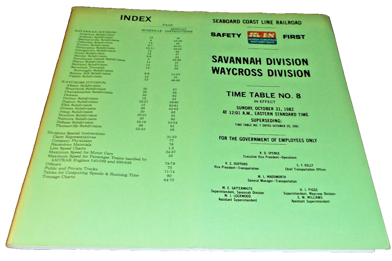 1982 SCL SEABOARD COAST LINE SAVANNAH WAYCROSS DIVISION EMPLOYEE TIMETABLE #8 | eBay