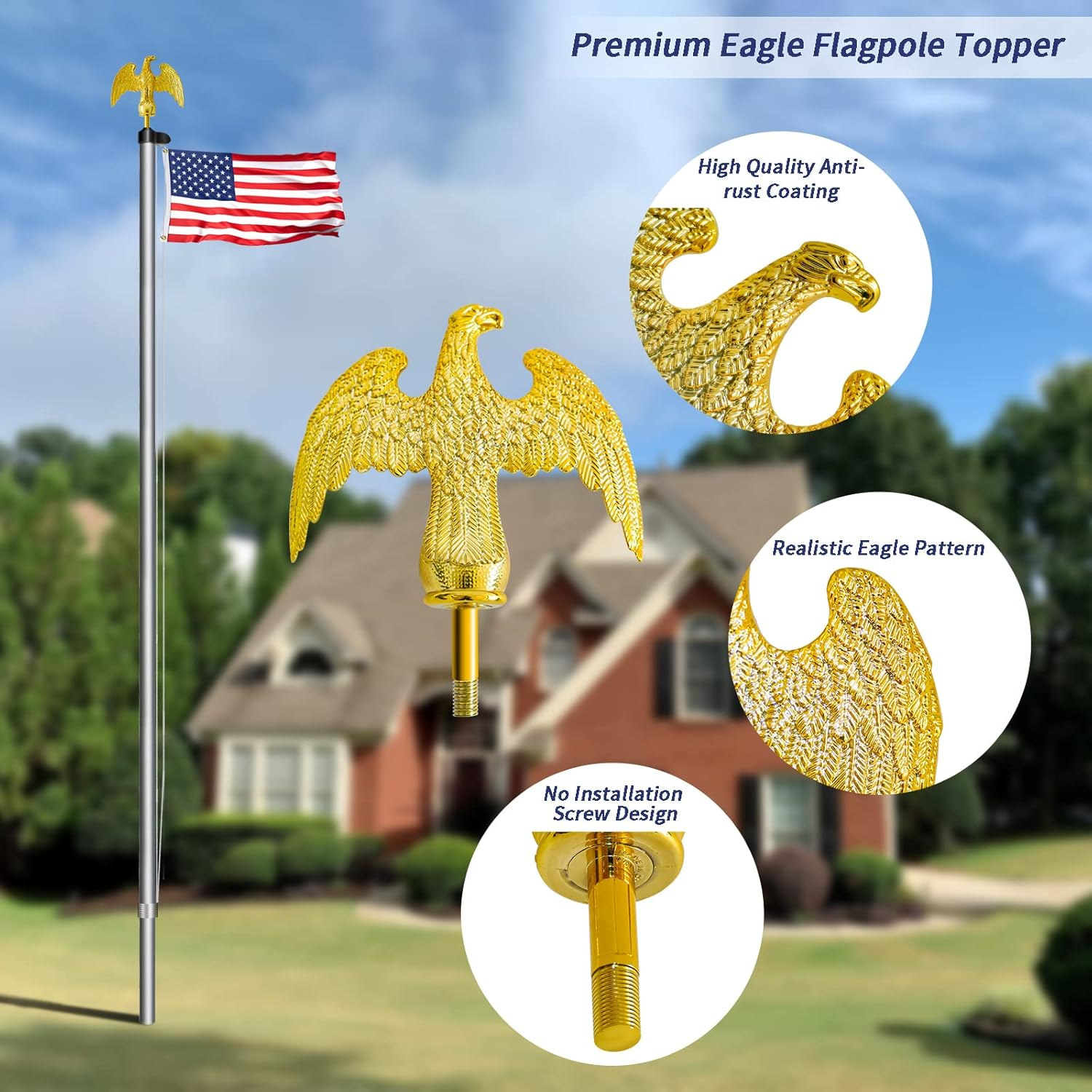 Flag Pole Topper, Flagpole Eagle Topper Gold Finial Ornament for 20/25 ...