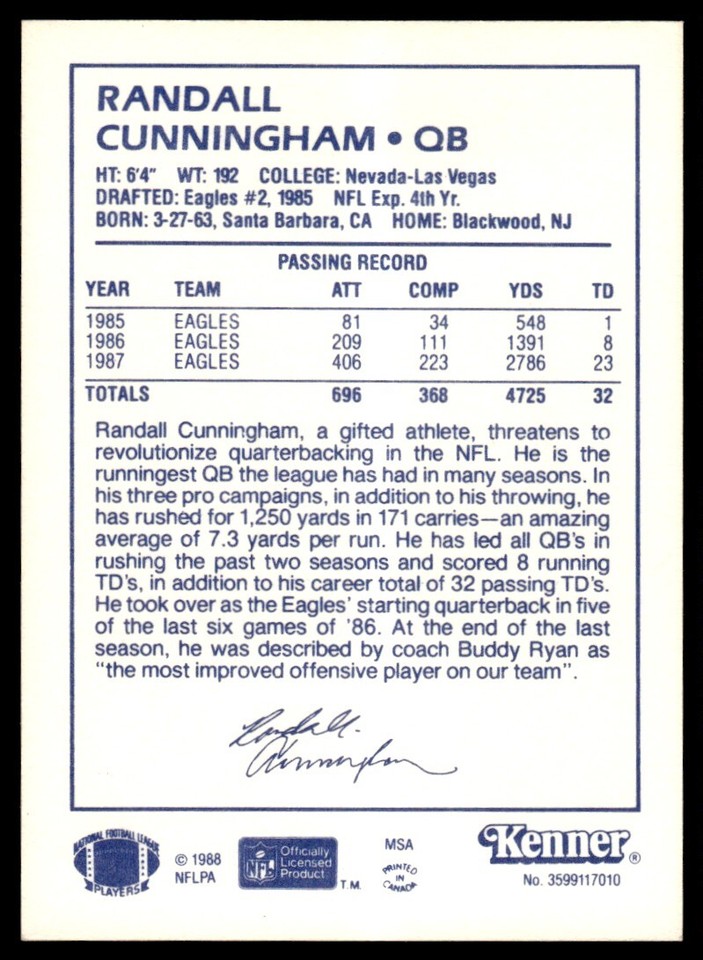 1988 KENNER STARTING LINEUP CARDS RANDALL CUNNINGHAM PHILADELPHIA ...