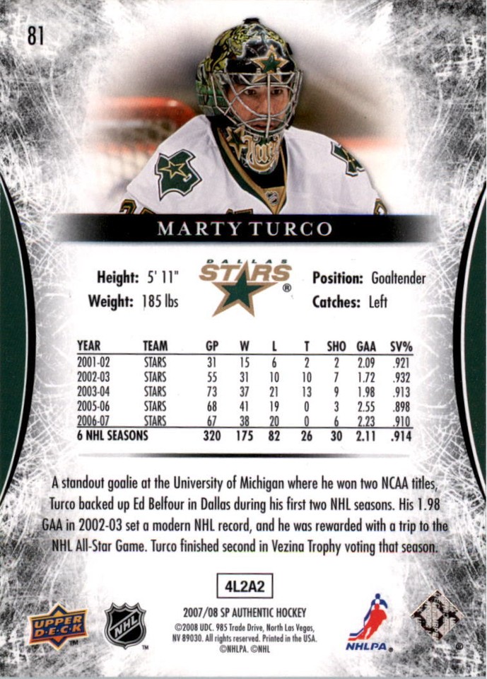 2007-08 SP Authentic Limited #81 Marty Turco STARS #d 002/100 - NM-MT ...