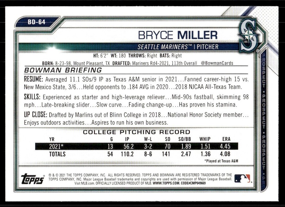2021 Bowman Draft Bryce Miller G276 Seattle Mariners #BD-64 | eBay