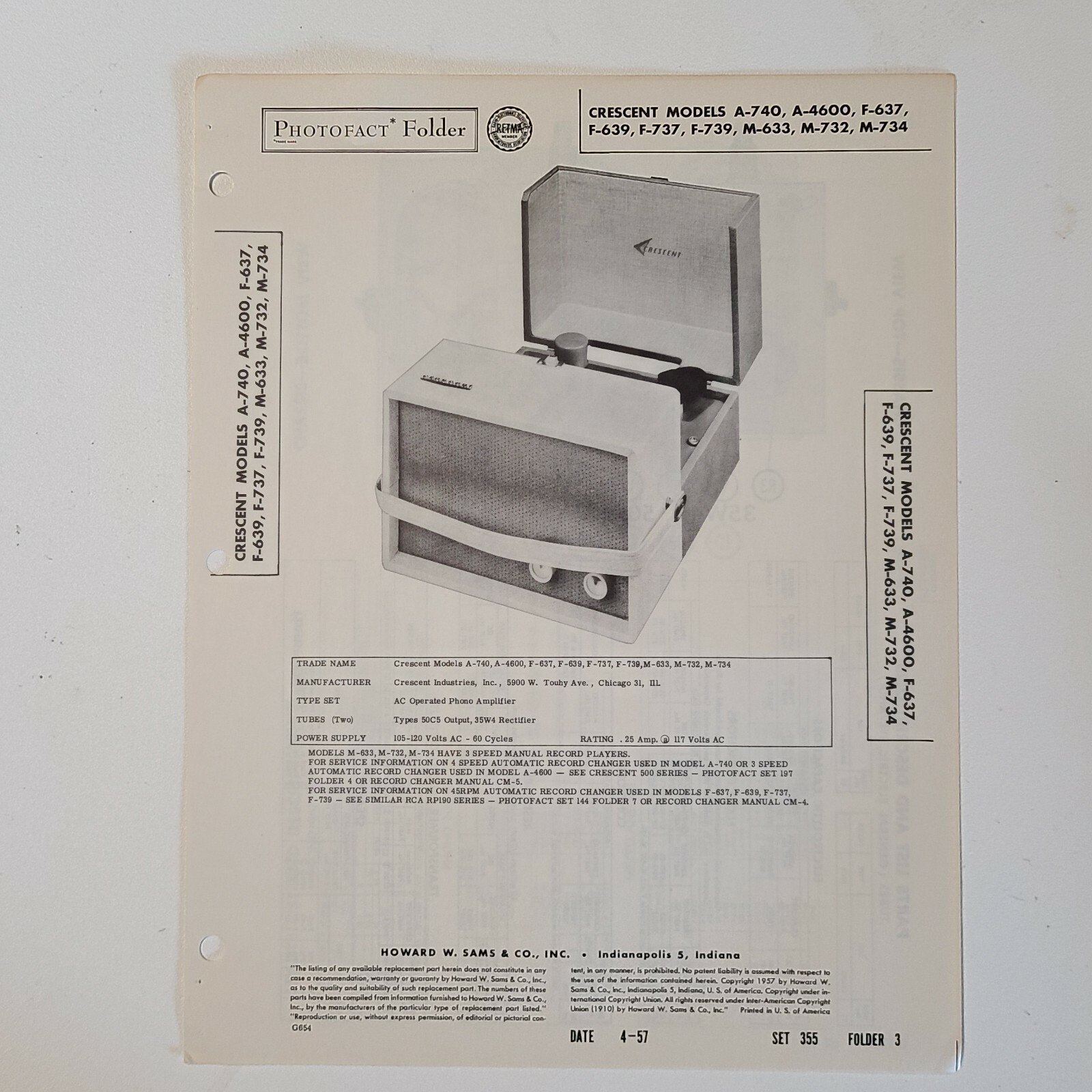 SAMS PHOTOFACT SERVICE MANUAL 355-3 CRESCENT RECORD PLAYER A-740 -4600 ...