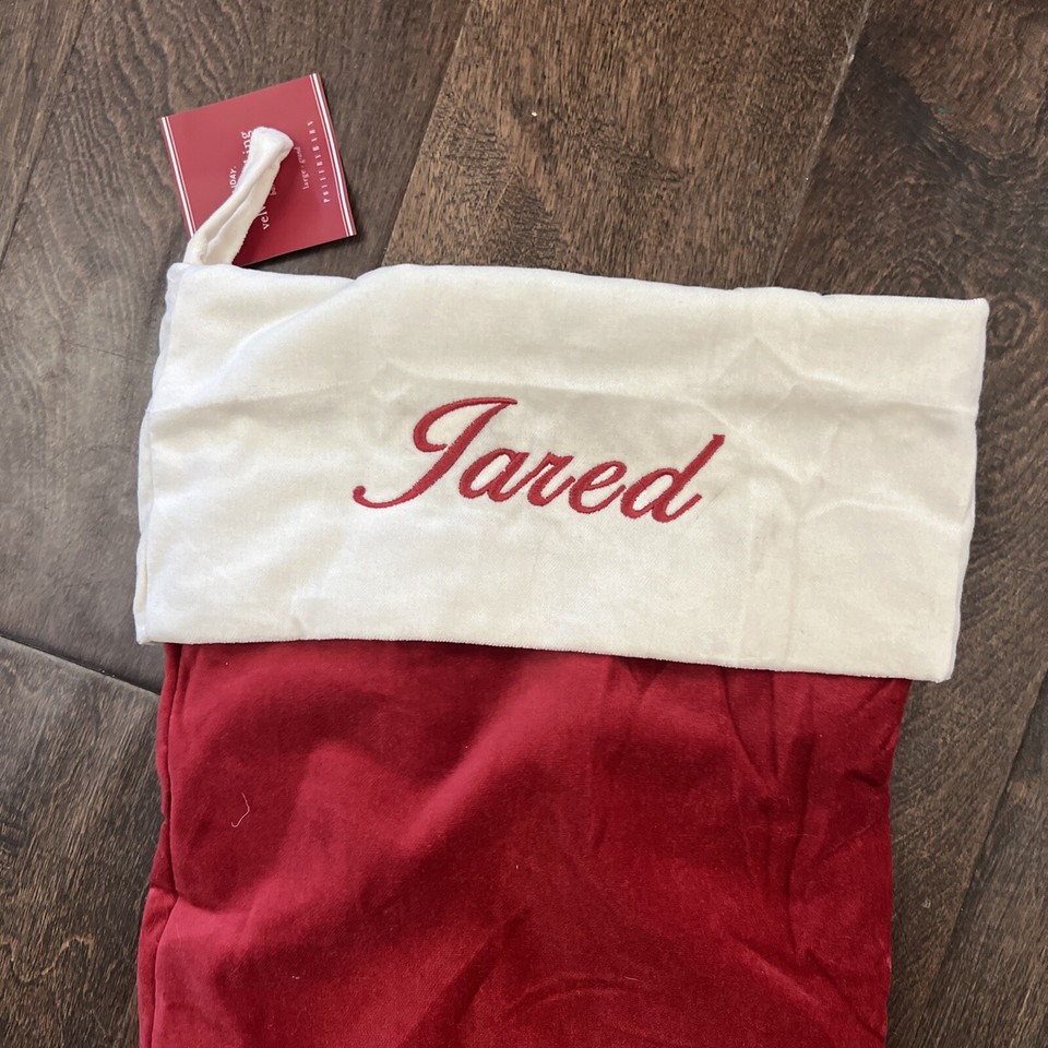 NWT Pottery Barn Large Red Ivory Velvet Christmas Stocking Mono Jared | eBay