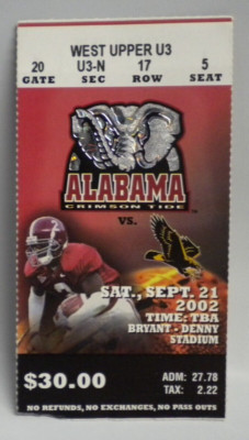 Vintage 2002 Alabama Crimson Tide Southern Miss Football Ticket Stub ...