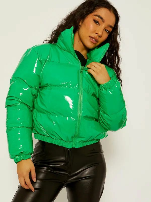 Women Shiny Wet Look Vinyl Thick Puffer Padded Quilted Cropped Short ...