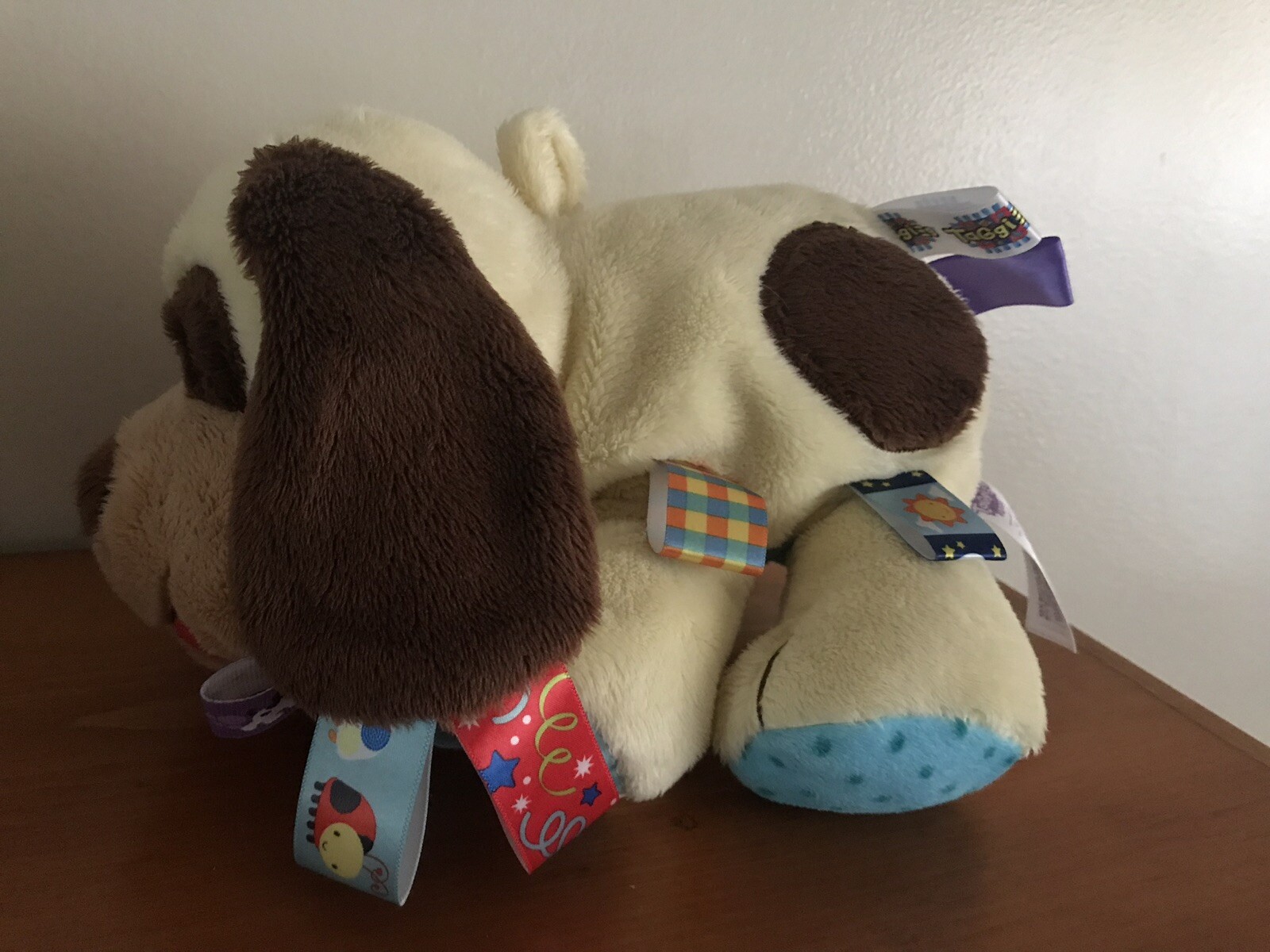 Taggies Puppy Dog Rattle Tag n Play Yellow Cream Brown Blue Stuffed ...