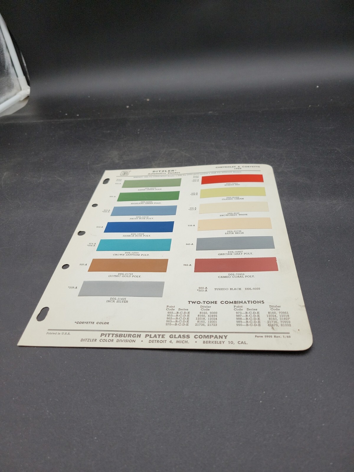 1959 DITZLER PPG FINISHES CHEVROLET CORVETTE PAINT CHIP SWATCH SHEET | eBay