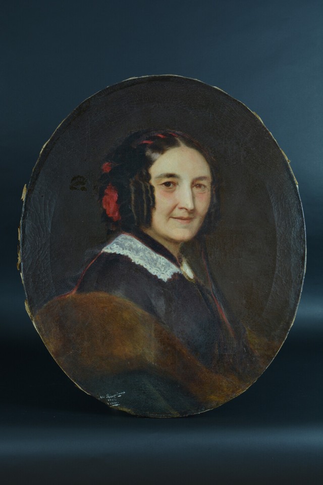 Beautiful Painting Antique Portrait Woman Coiffe Costume Stoat Oval ...