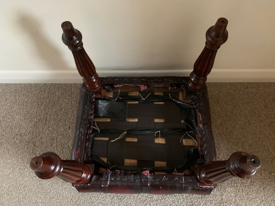 Red Leather / Button Top Foot Stool with Wooden Legs | eBay UK