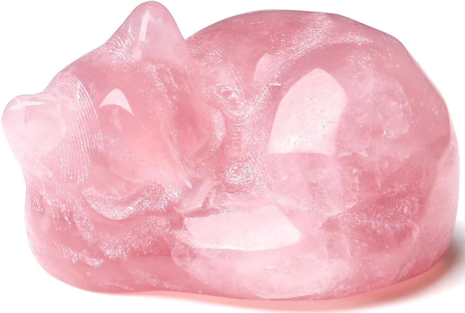 Rose Quartz Cat Decor Pink Gift Crystals Sleeping Cat Statue Stone ...