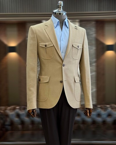 New Men's Beige Sport Jacket Multi-pockets Single Breasted 2 Buttons ...