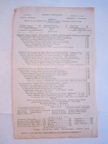 1958 MADER'S RESTAURANT MENU - 8 1/2" X 13 1/2" OPEN MENU - TUB BN-14 ...