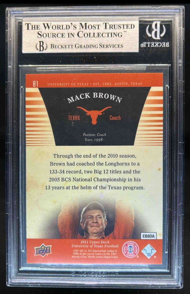 2011 Upper Deck University of Texas Mack Brown Auto IP #81 BGS ...