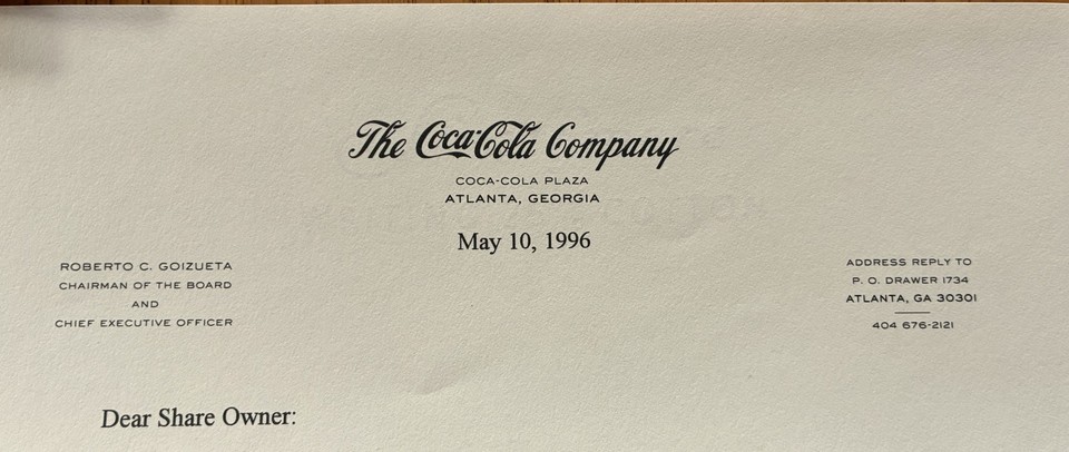 Vintage Coca-Cola Company Lot of 2 Stock Split Letters 1992 & 1996 & 1 ...