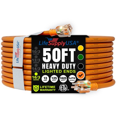 50ft Power Outdoor Extension Cord & Indoor - Waterproof Electric Drop ...