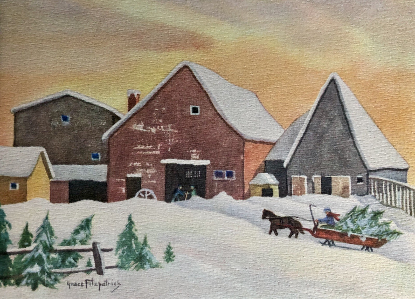 Vtg UNUSED Christmas Card Art Grace Fitzpatrick Tree Farm Horse Sleigh ...